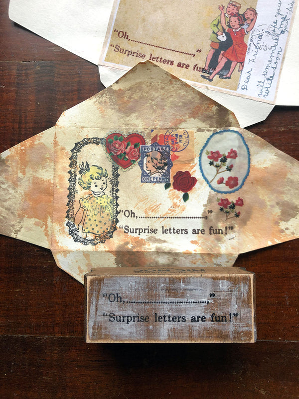 'Oh surprise letters are fun' Wood Rubber Stamp by Mic Moc from micmoc.com