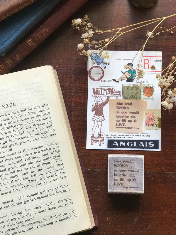 'She Read Books' Quote Series Wood Rubber Stamp by Mic Moc (「彼女は本を読む ...